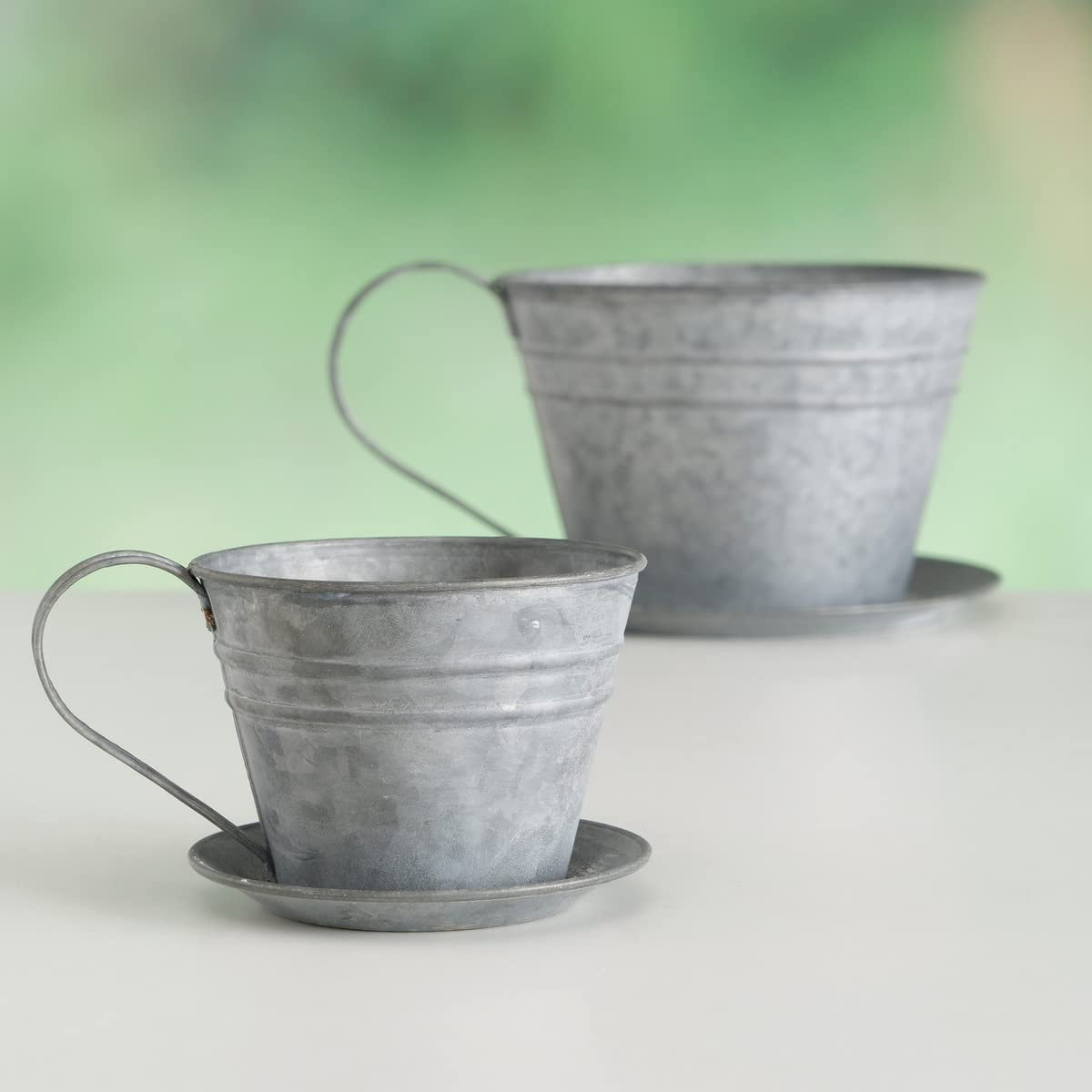 2 Piece Zinc Tea Cup Planter Set - Farmhouse - Outdoor Pots And ...