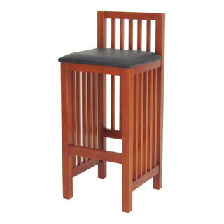 Wooden Barstool with Block Legs and Low Slatted Back, Brown - Craftsman ...