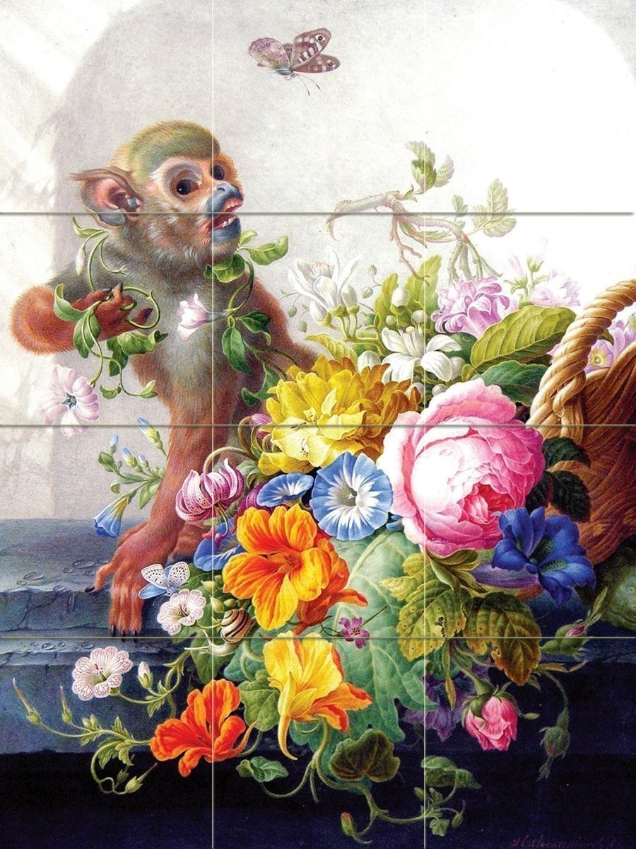 Tile Mural Still Life With A Monkey And A Basket Of Flowers, Four Inch ...
