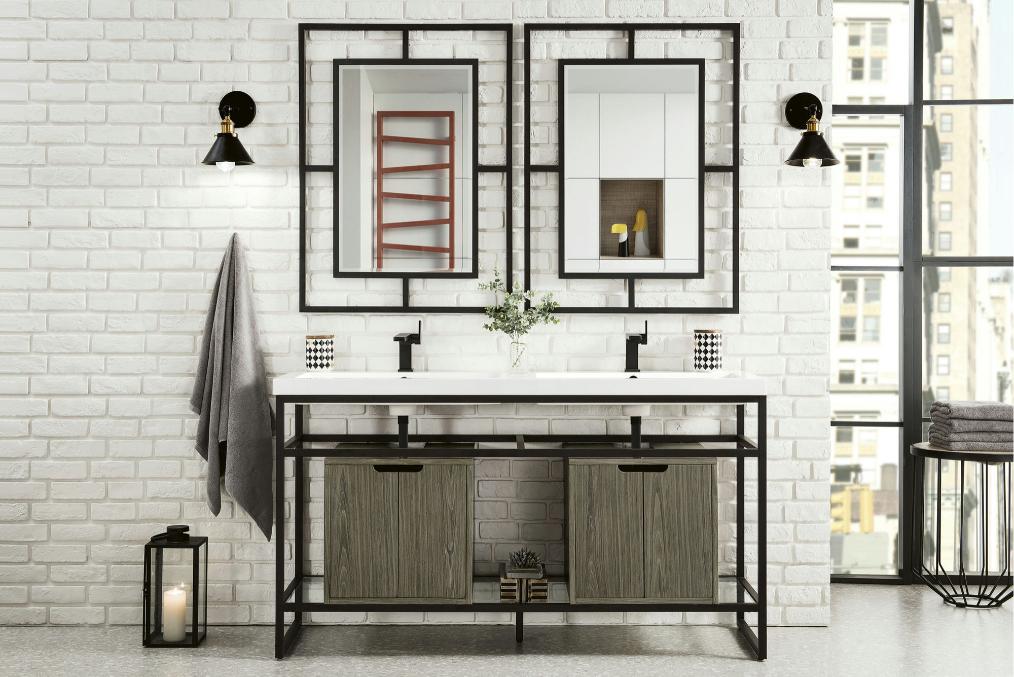 Boston 63" Sink Console Black w/Ash Gray Storage Cabinet White ...