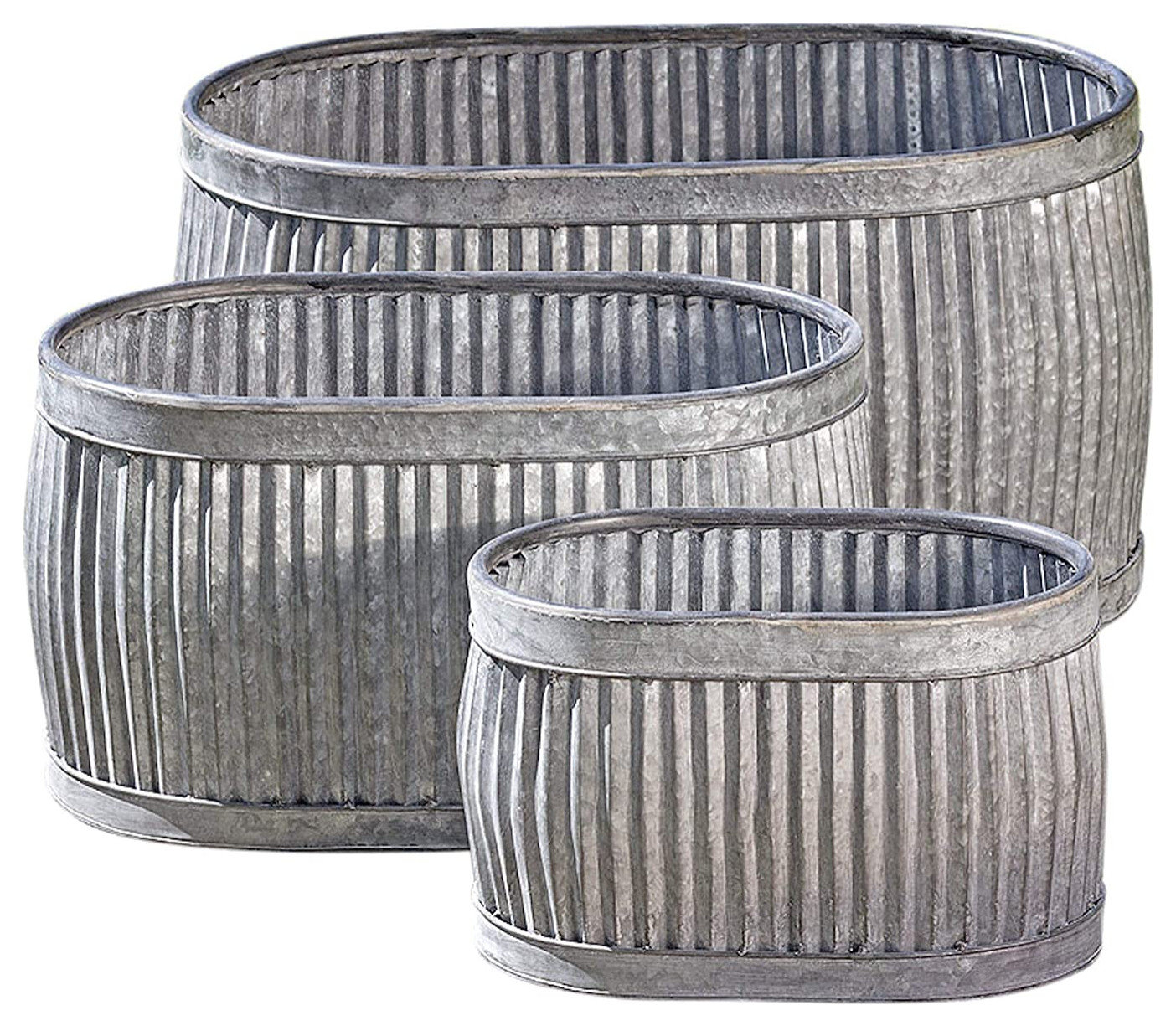 Oval Planters, Set of 3, Galvanized Metal, 24 1/2, 20 and 14 1/2 ...