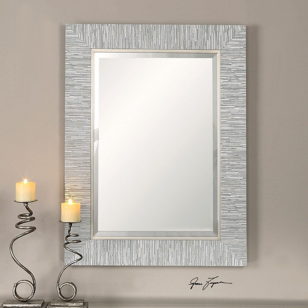 Vintage Rectangular Mirror in Blue Gray Finish Silver Stripe Texture on ...