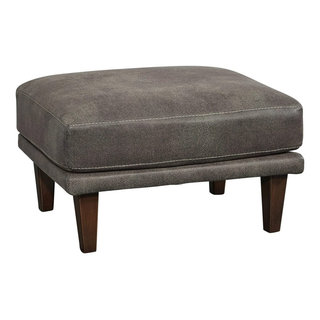 Charcoal Gray Ottoman With Padded Seat & Mid-Century Wood Base ...