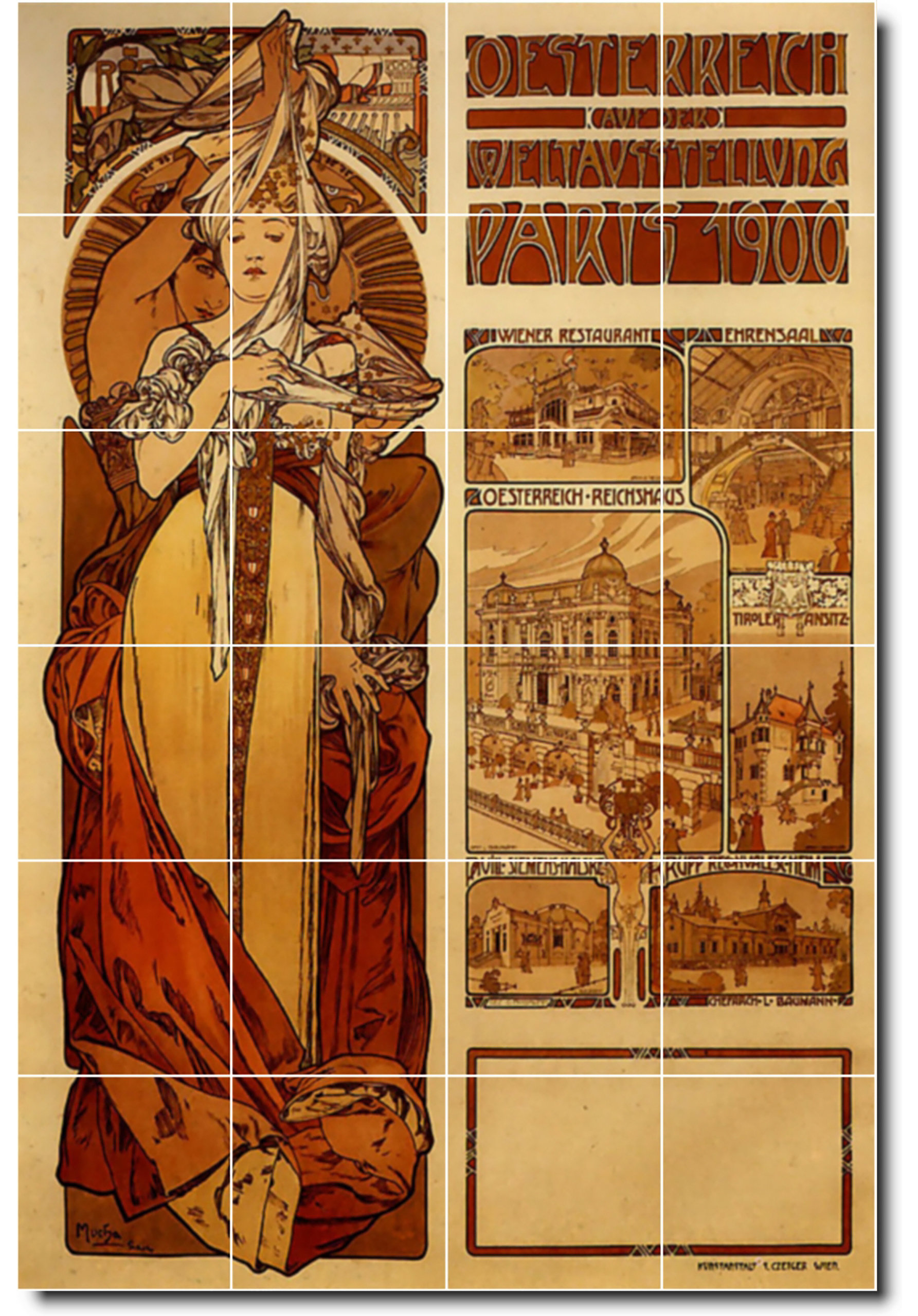 Alphonse Mucha Poster Art Painting Ceramic Tile Mural #1, 24" Wide x 36 ...