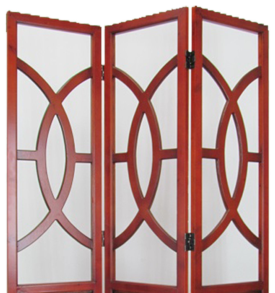 3 Panel Wooden Frame Screen with Interconnected Cut Out, Cherry Brown ...