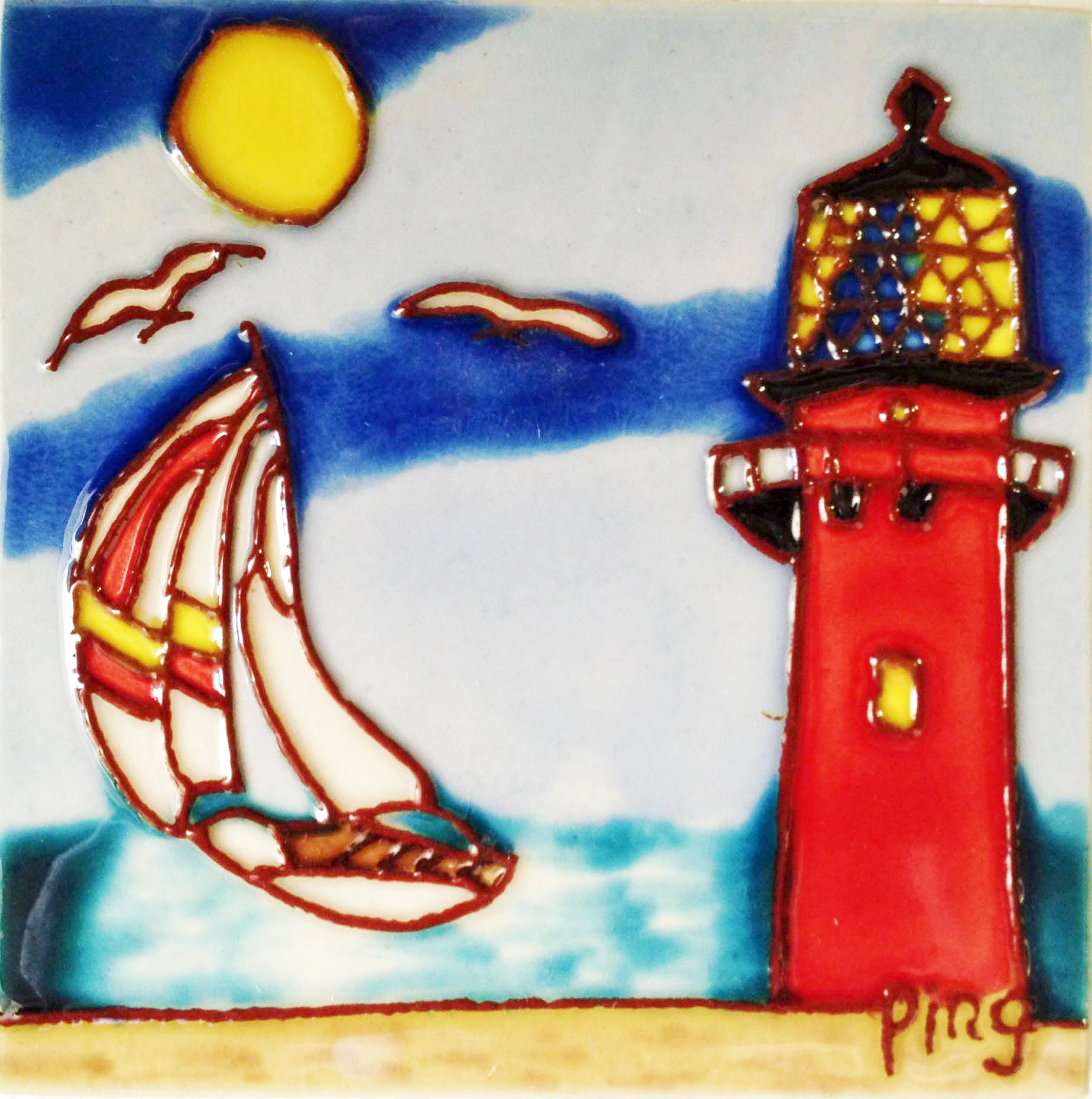 4x4" Lighthouse Art Tile Ceramic Drink Holder Coaster - Beach Style ...