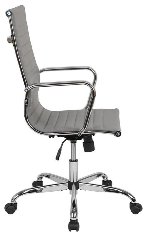 Light Gray Leather Mid-Century Ribbed Swivel Office Chair, Spring-Tilt ...