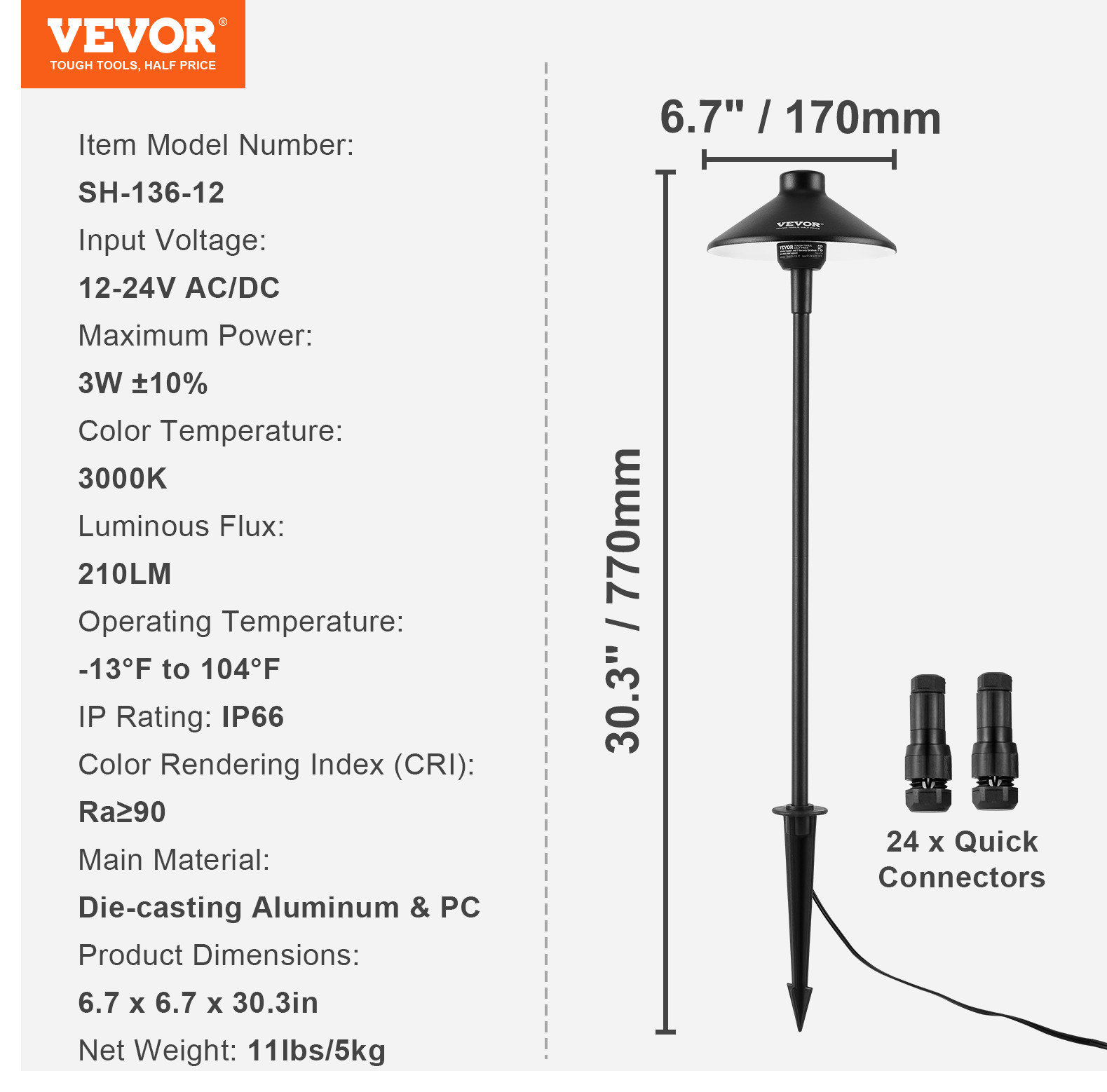 VEVOR 12 Pack Low Voltage Landscape Path Lights 12-24V Outdoor LED ...