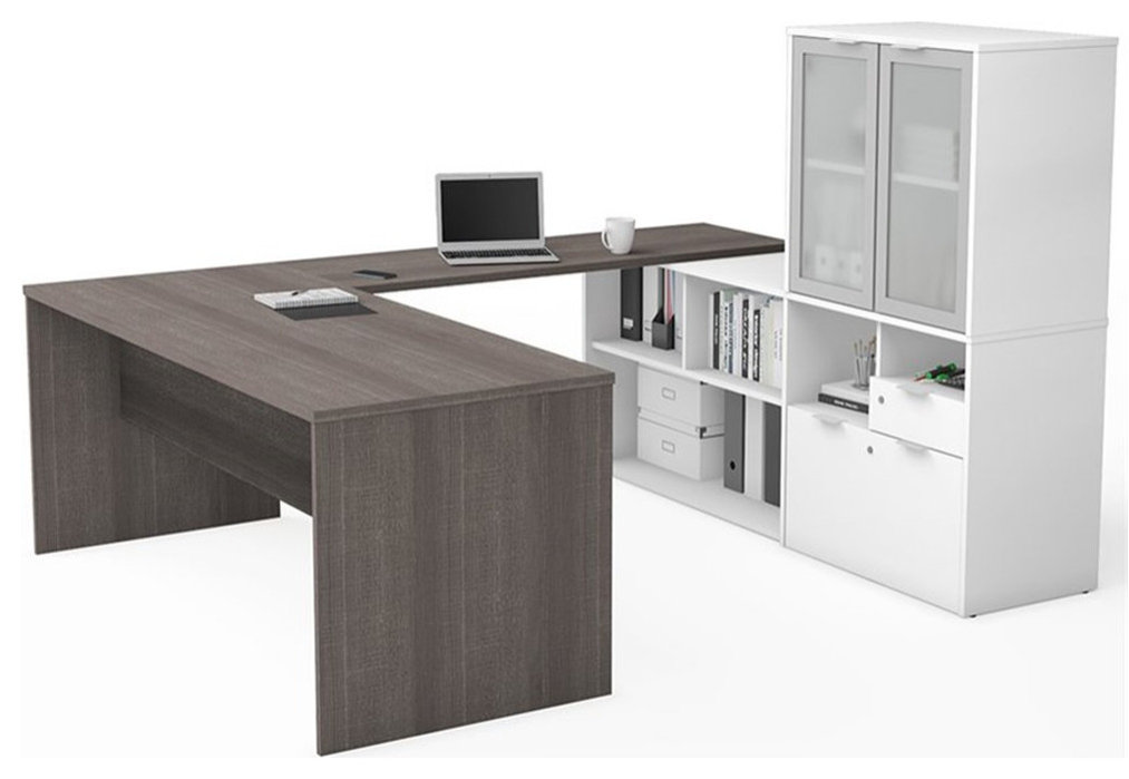 Bestar i3 Plus U Shape Computer Desk in Bark Gray and White ...