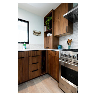 Vertical Grain Walnut Slab Door Cabinets in Mid-Century Kitchen ...