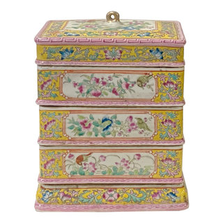 Chinese Yellow White Porcelain Scenery Graphic Rectangular Stack Box ...