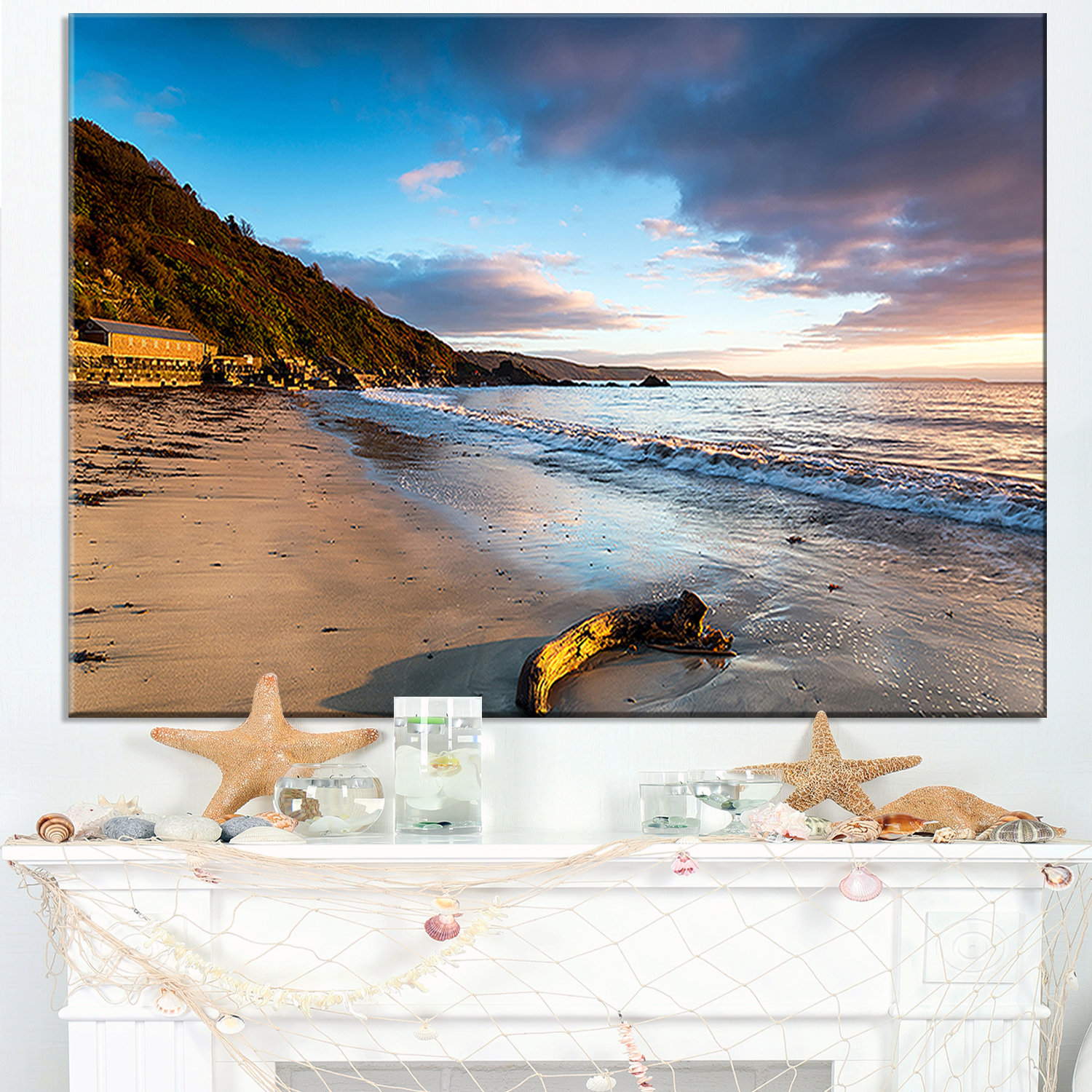 "Looe Cornwall Beach At Sunrise" Modern Beach Wall Art, 32"x16" - Beach ...