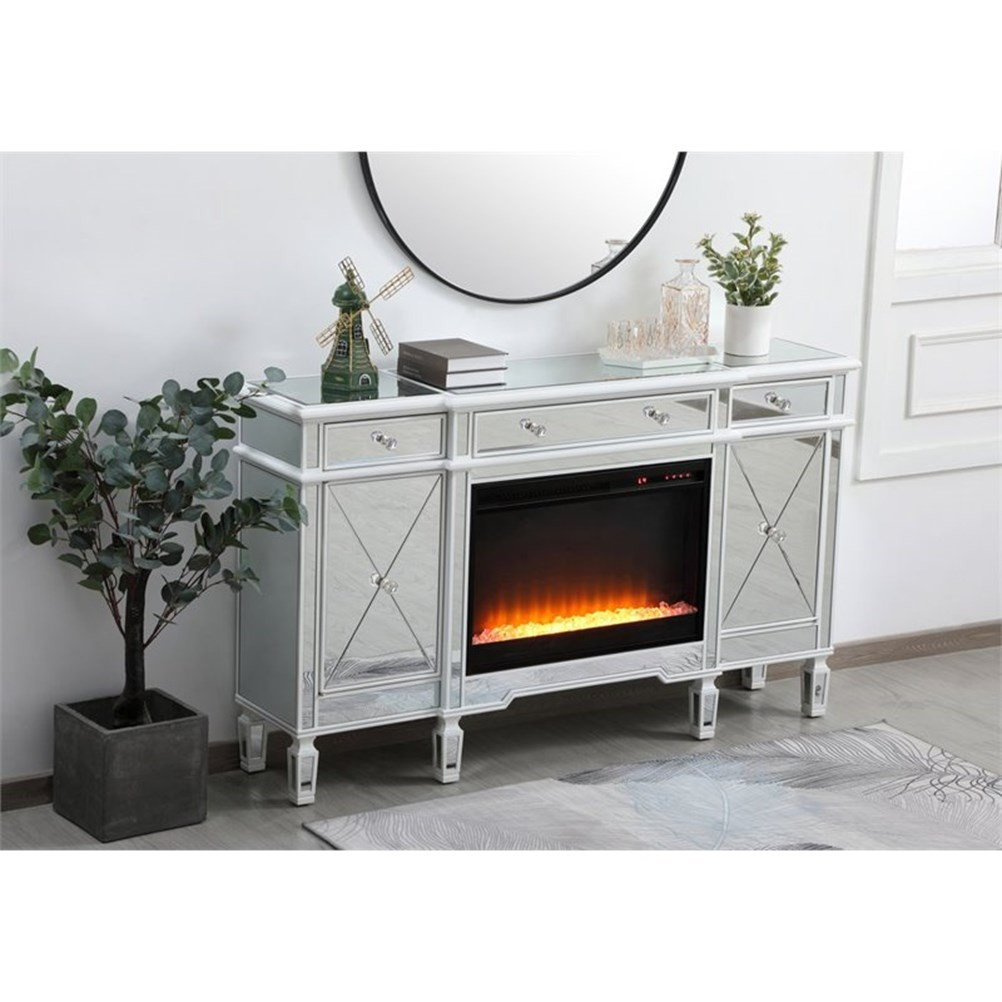 Elegant Decor Contempo 60" Mirrored Credenza with Crystal Fireplace in ...