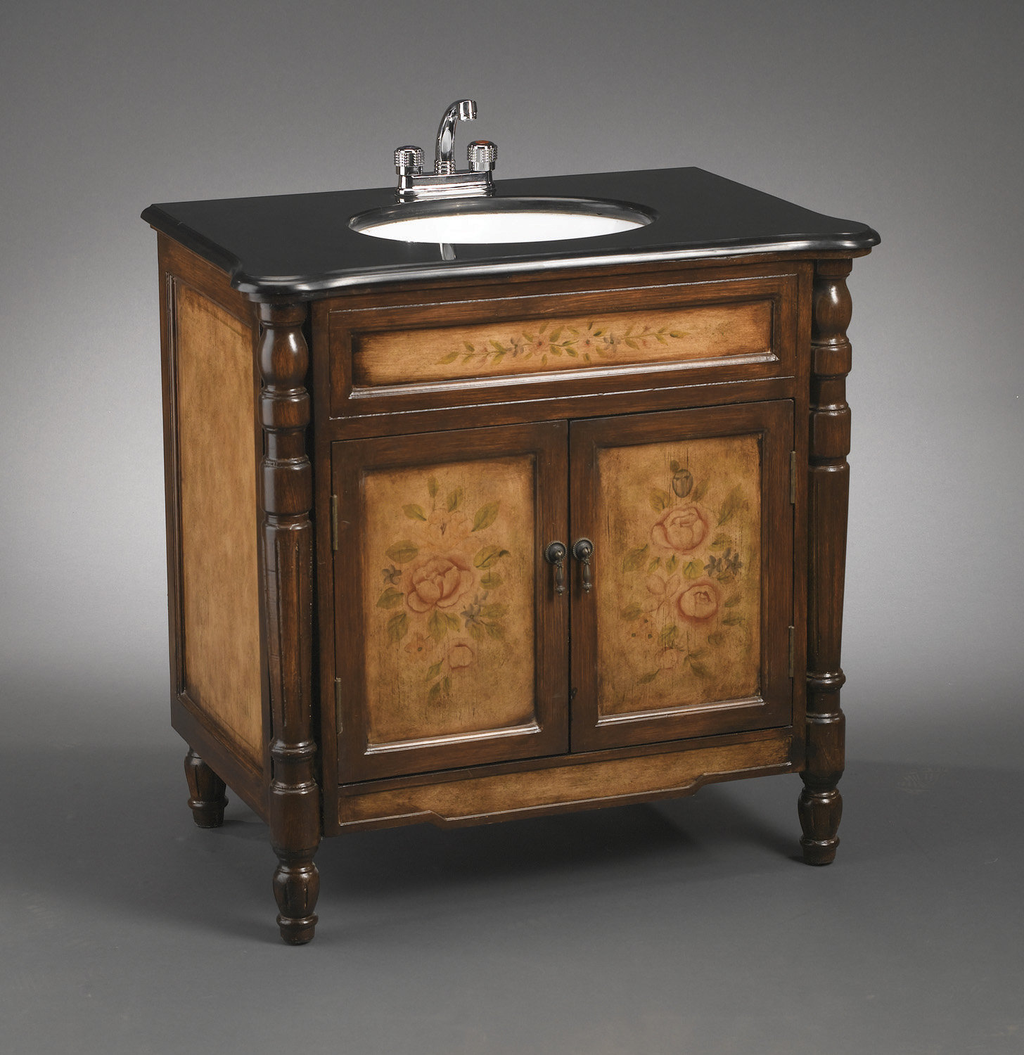 Brown Vanity Sink With Floral Design And Black Granite - Traditional ...