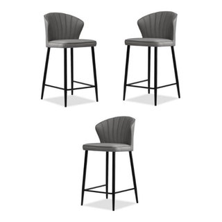 Home Square Counter Stool Smoke Leather in Black Legs - Set of 3, 3 ...