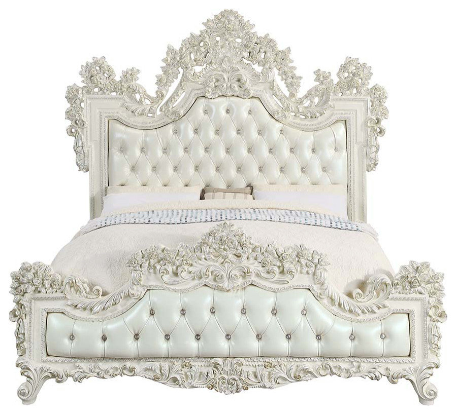 Acme Adara Eastern King Bed White PU and Antique White Finish ...