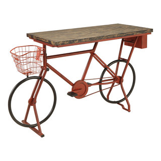 Distressed Wood Bar Table With Metal Bicycle Base, Red and Black ...