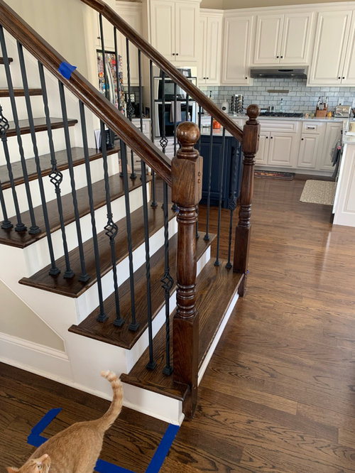 Updated cap for stair posts and what to do for wall??