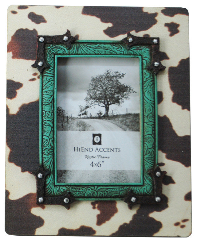 HiEnd Accents Cowhide Frame with Turquoise Trim - Farmhouse - Picture ...