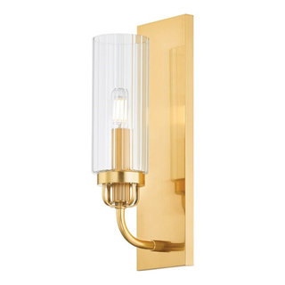 Hudson Valley Halifax 1-Light Wall Sconce, Aged Brass/Clear Ribbed ...