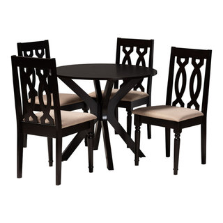 Catreen Modern Sand Fabric and Dark Brown Wood 5-Piece Dining Set ...