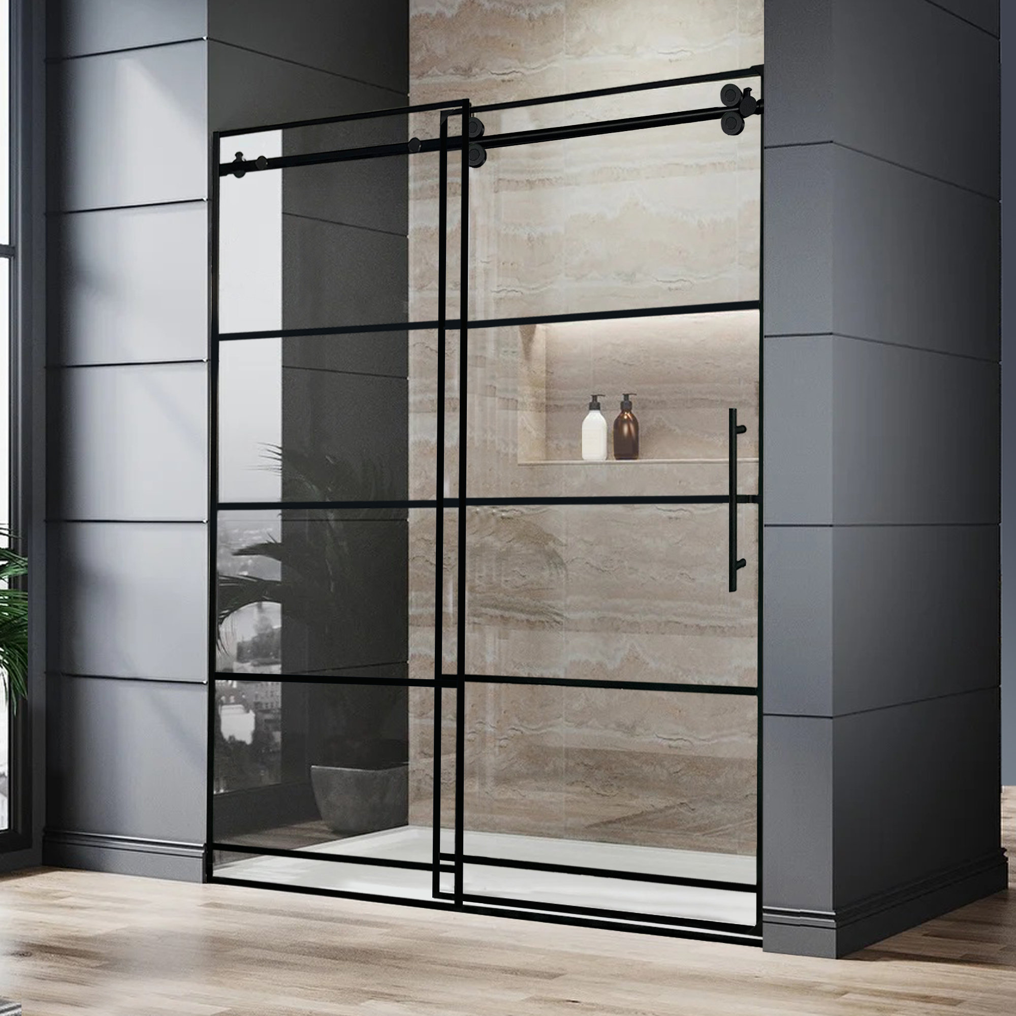 Marcella Single Sliding Matte Black Grid Shower Door, 44"- 48" X 76" - Contemporary - Shower ...