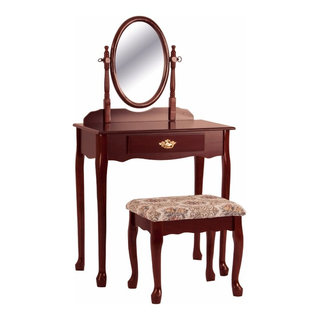 Benzara BM157901 Vanity Table And Stool Set With Oval Mirror, Cherry ...