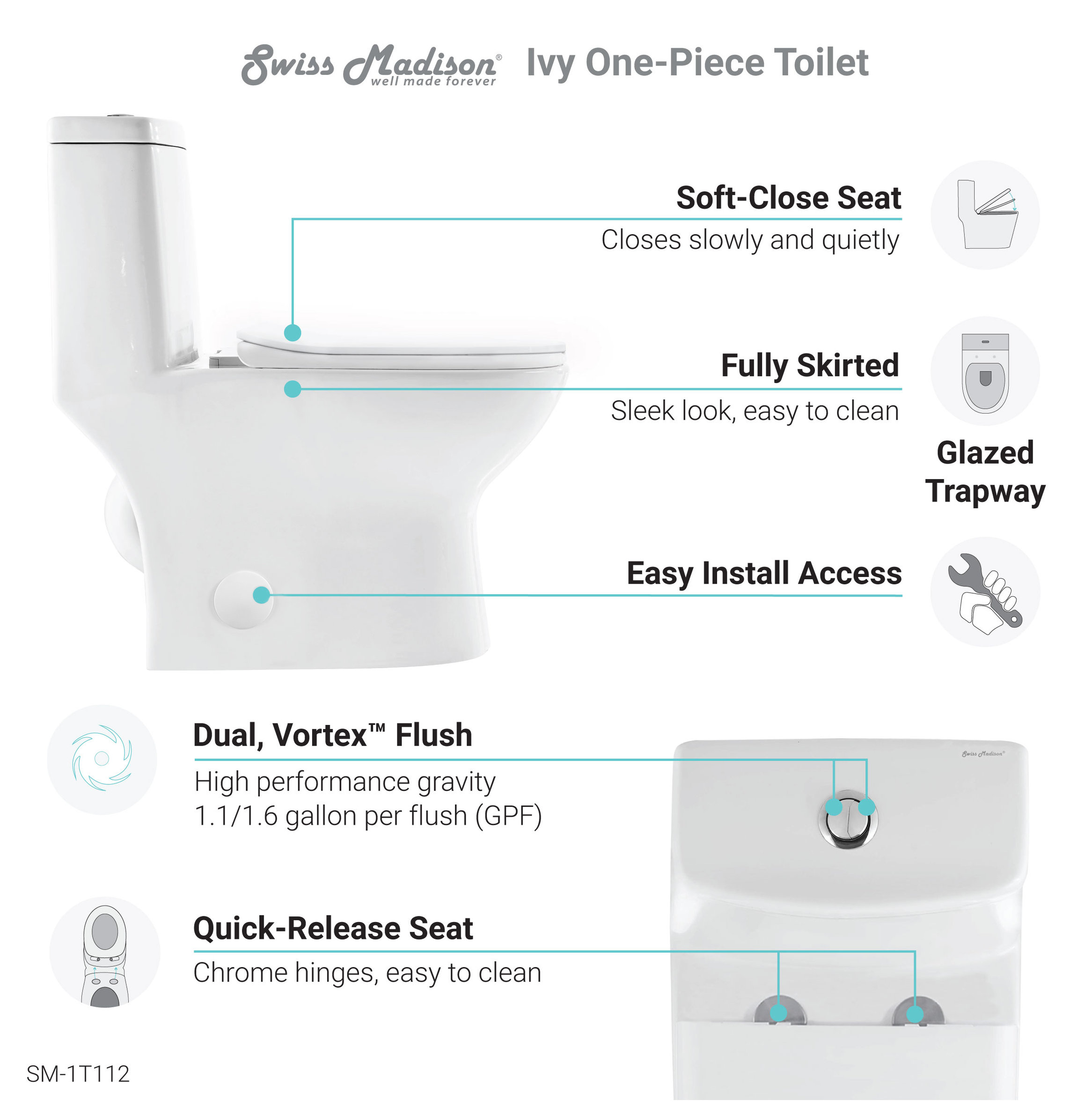 Ivy One-Piece Toilet, Dual Vortex Flush, 1.1/1.6 GPF - Contemporary ...
