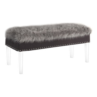 Contemporary Chic Gray Faux Fur and Clear Acrylic Storage Bench ...
