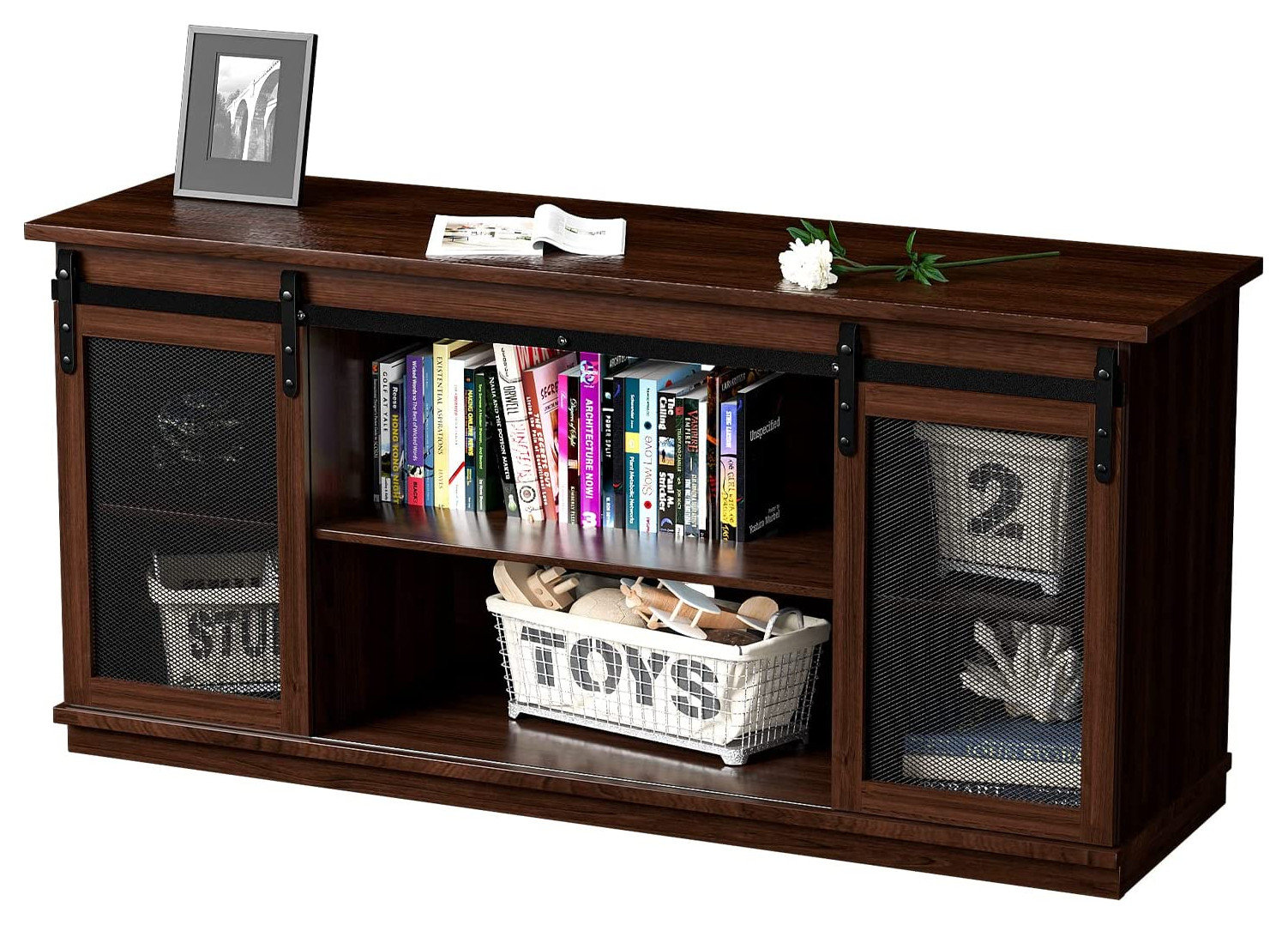 Industrial TV Stand with 2 Sliding Mesh Doors & Cable Management Hole ...