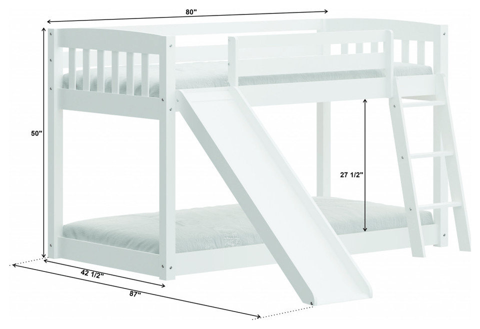 White Twin over Twin Solid Wood Bunk Bed With Slide and Ladder ...