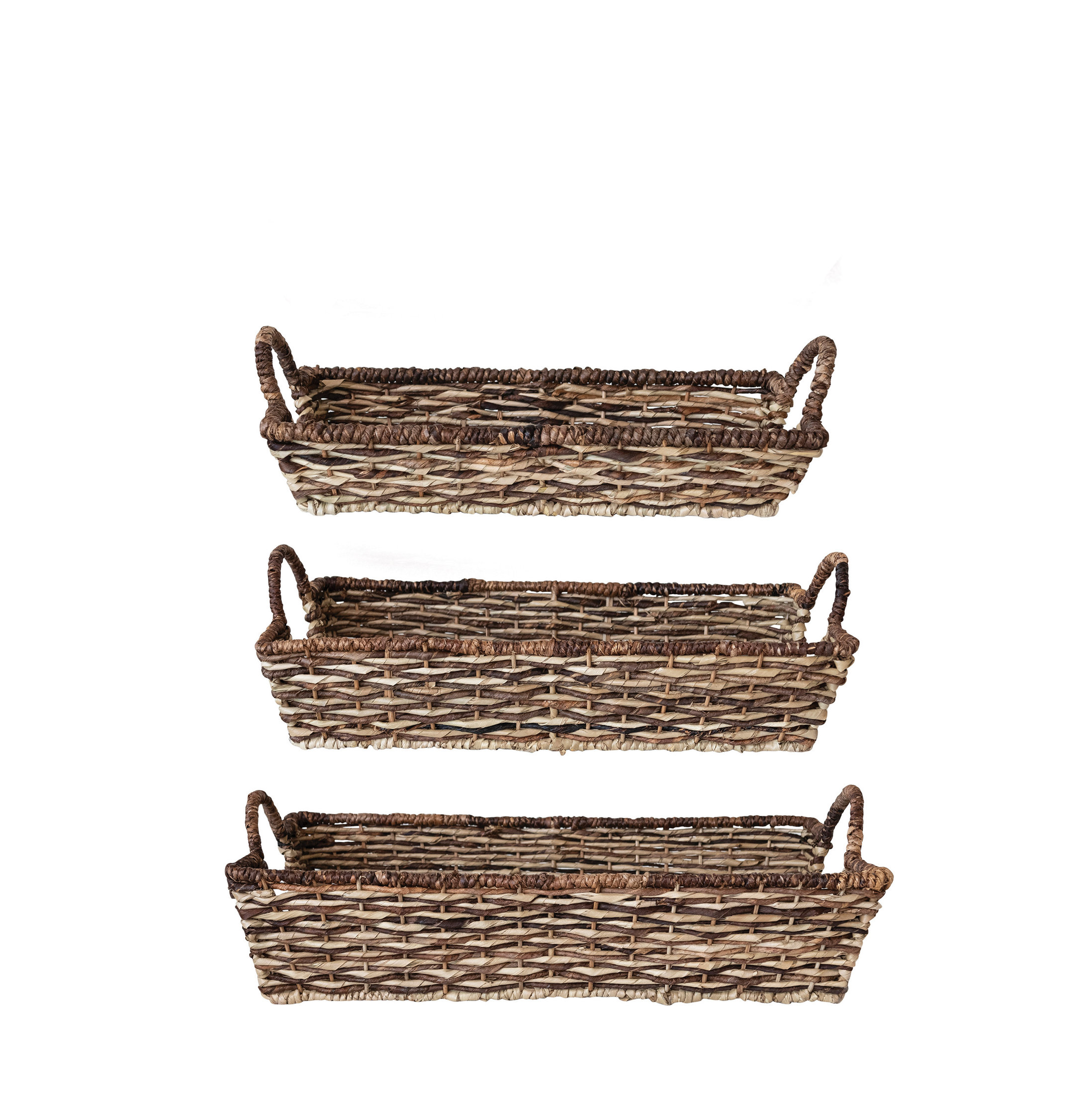 Hand-Woven Buri and Abaca Trays With Handles, Natural and Brown, Set of ...