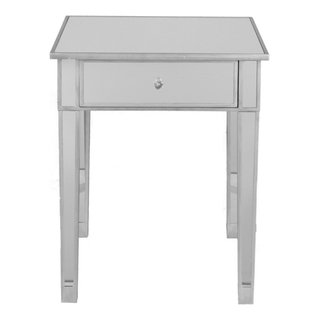 29" Silver And Reflective Glass Square End Table With Drawer ...