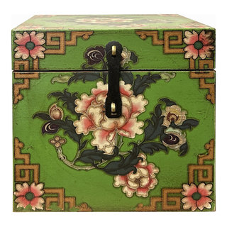 Chinese Distressed Green Lotus Flower Graphic Square Shape Box Hws3495 ...