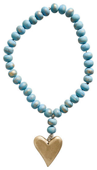 Aqua Mango Wood Bead Strand with Gold Heart Pendant - Beach Style ...