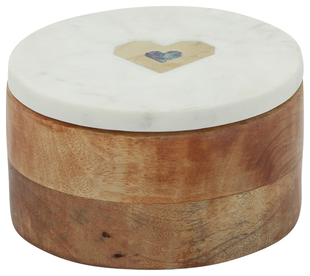 Marble/Wood, 5x5 Round Box, Heart, White - Transitional - Decorative ...