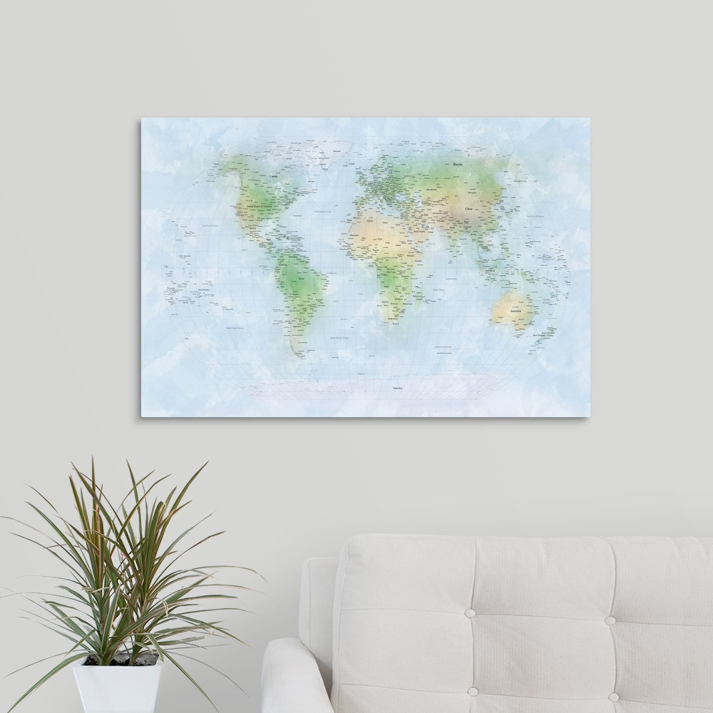 Traditional world map with city names Wrapped Canvas Art Print, 30"x20 ...