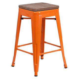 24"High Backless Orange Metal Counter Height Stool with Square Wood ...