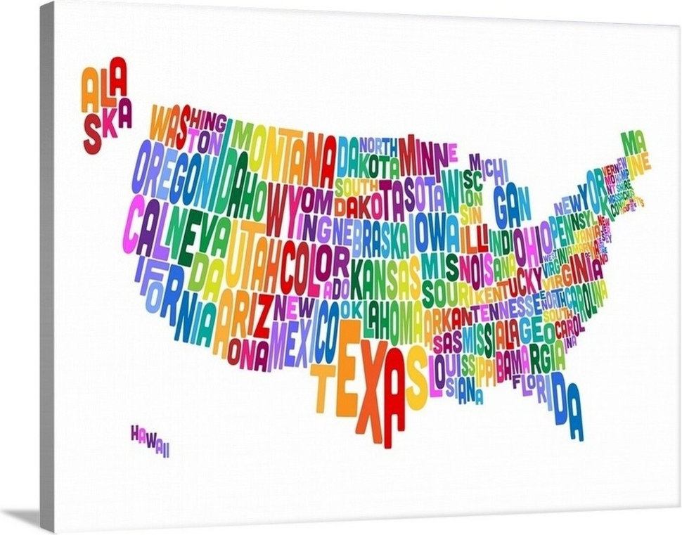 "United States Typography Text Map" Wrapped Canvas Art Print, 16"x12 ...