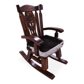Wooden Rocking Chair Handcarved Back Removable Hair-On Cowhide Pillow ...