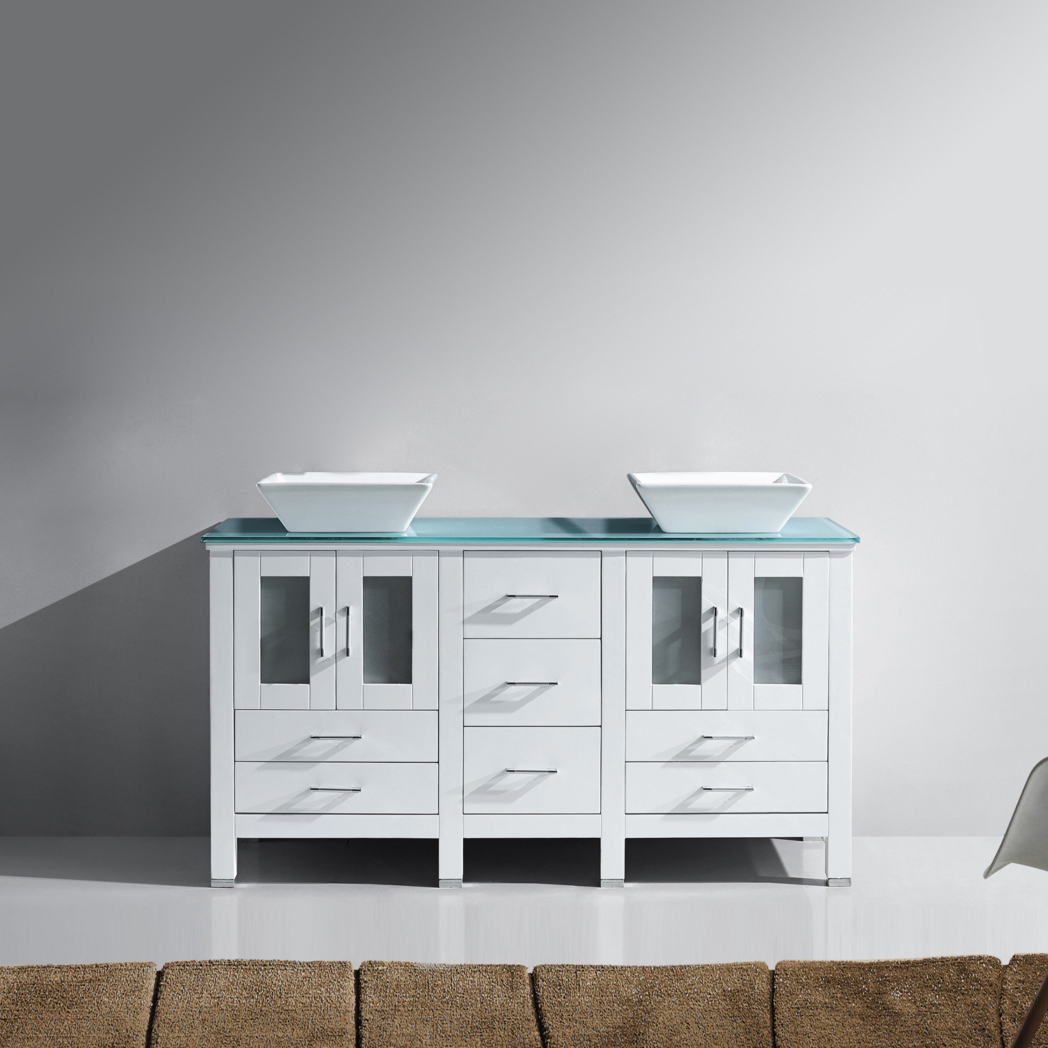 Bradford 60" Double Bath Vanity, White, Aqua Tempered Glass Top, Square ...
