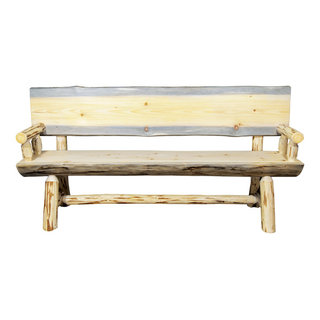 Montana Half Log Bench With Back And Arms In Exterior Stain Finish ...