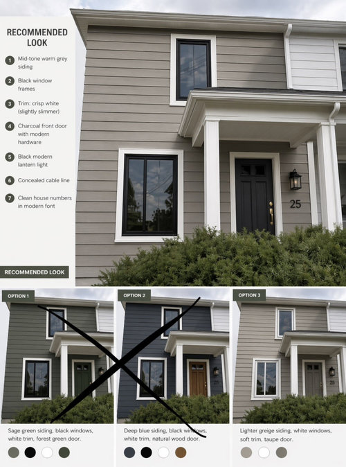 Which exterior siding color, window frame color, and front door color ...