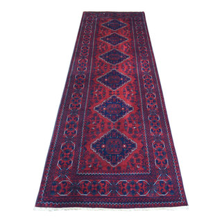 Deep Red, Shiny Wool Hand Knotted, Afghan Khamyab Runner Rug, 3'0"x9'6 ...