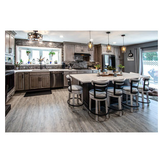 Neutral Monochromatic Gray Kitchen with Tiled Backsplash - Transitional ...