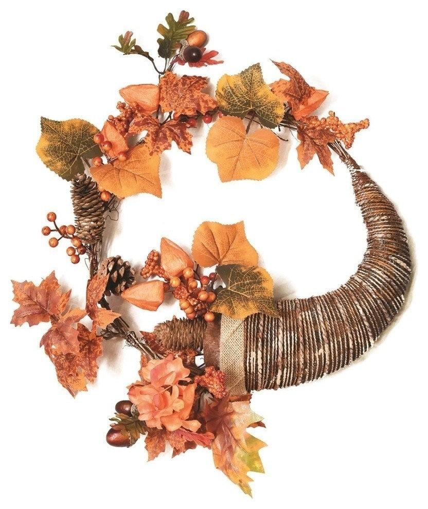 20" Autumn Harvest Berries and Leaves Cornucopia Wreath - Rustic ...
