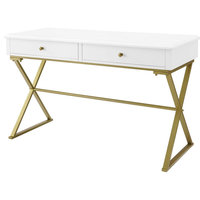 Contemporary Desk with X-Shaped Legs and 2 Storage Drawers, White/Brass ...
