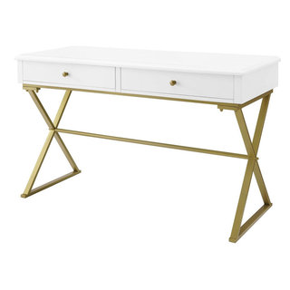 Contemporary Desk with X-Shaped Legs and 2 Storage Drawers, White/Brass ...