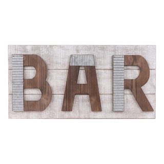 Wood Rectangular Wall Art with Metal Outlined Alphabet "BAR", Brown ...