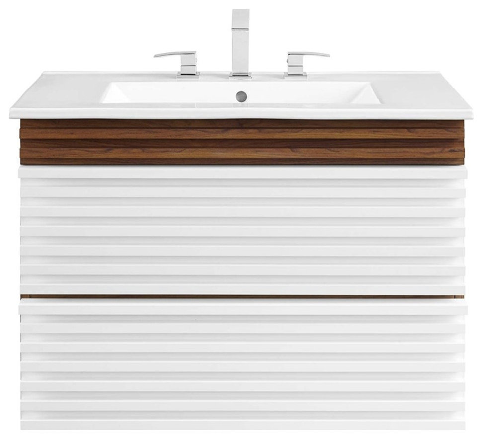Modway Render 30" MDF Wood Wall-Mount Bathroom Vanity in White/Walnut ...